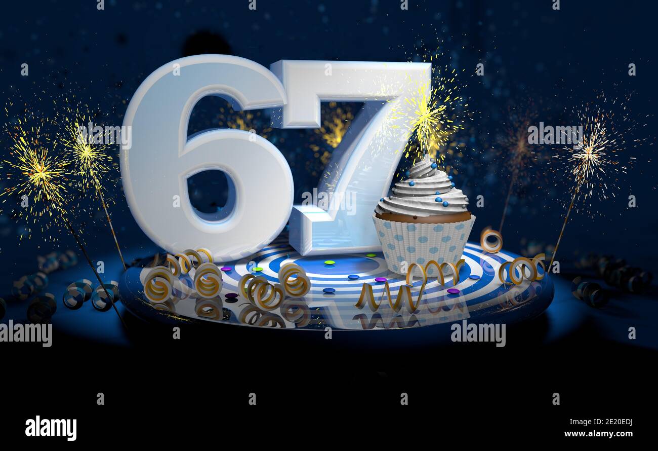 Cupcake with sparkling candle for 67th birthday or anniversary with big ...