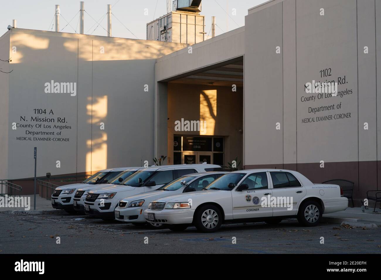 A general view of the Los Angeles County Coroner Department vehicles at ...