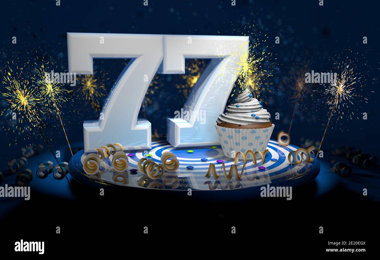 Cupcake with sparkling candle for 77th birthday or anniversary with big ...
