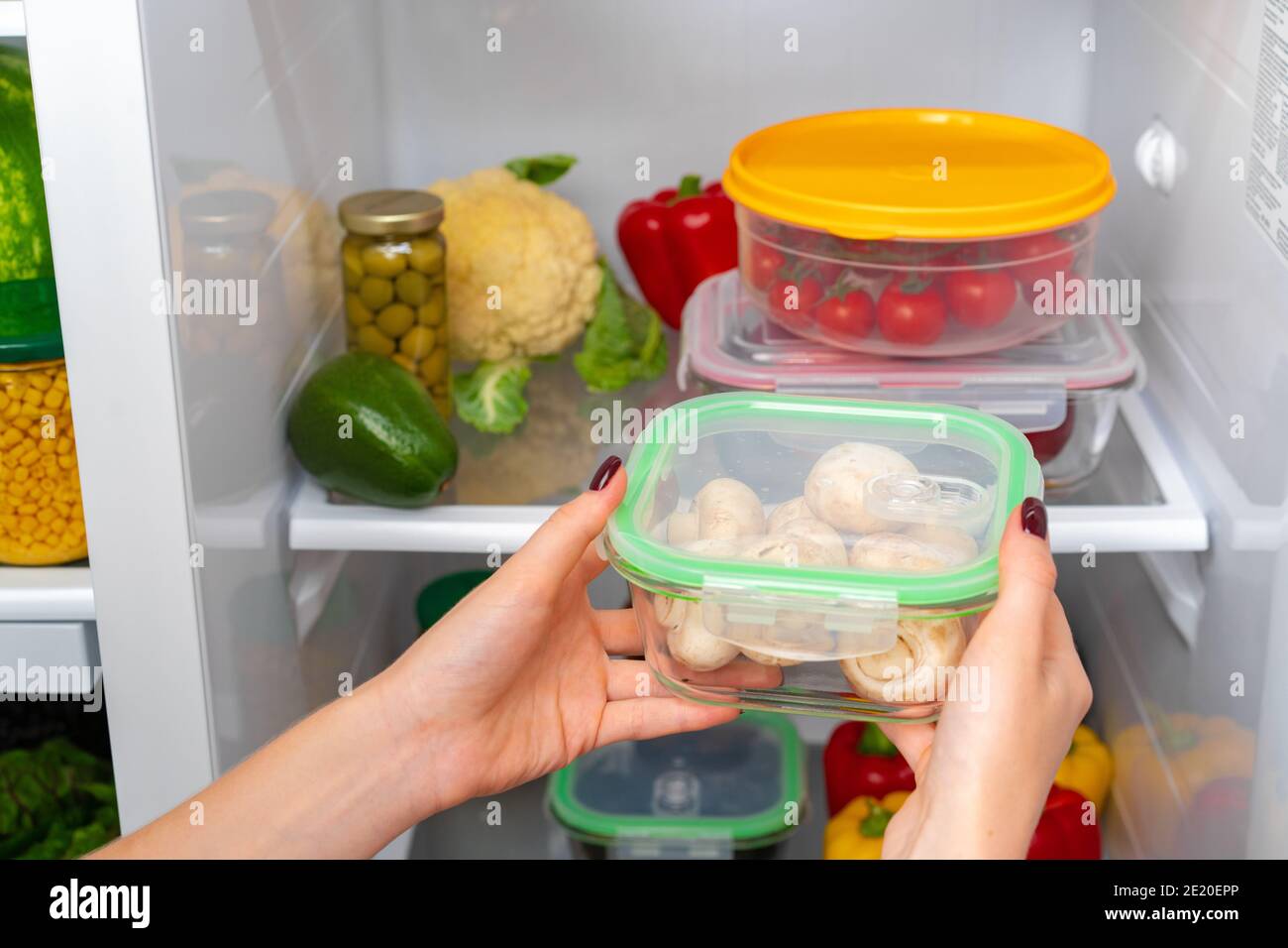 Female hands taking storage box with food from a fridge Stock Photo - Alamy