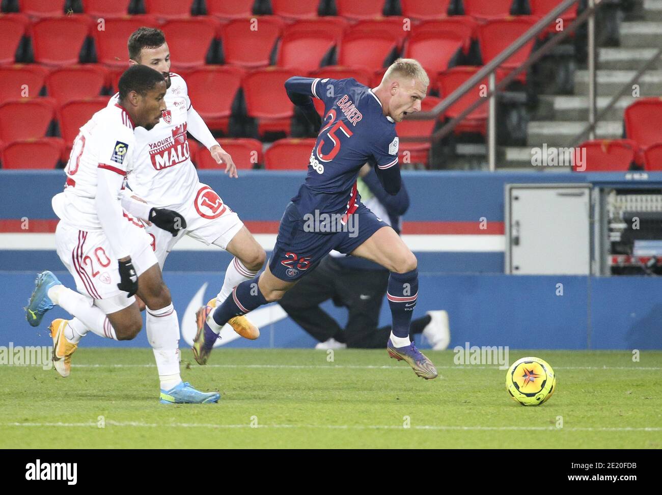 Mitchel Bakker of PSG, Ronael Pierre-Gabriel, Franck Honorat of Brest ...