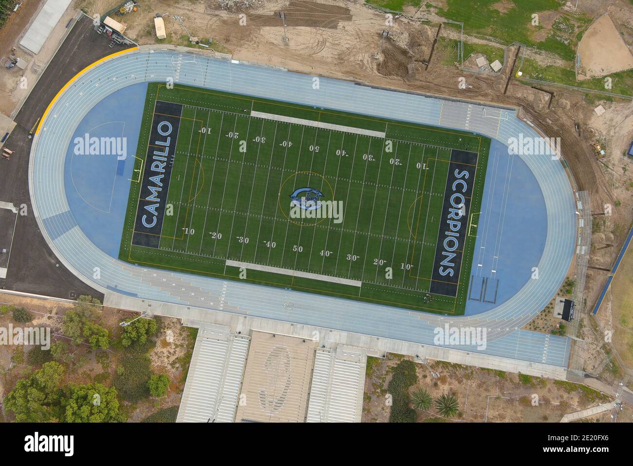 An aerial view of Adolfo Camarillo High School track and football field ...