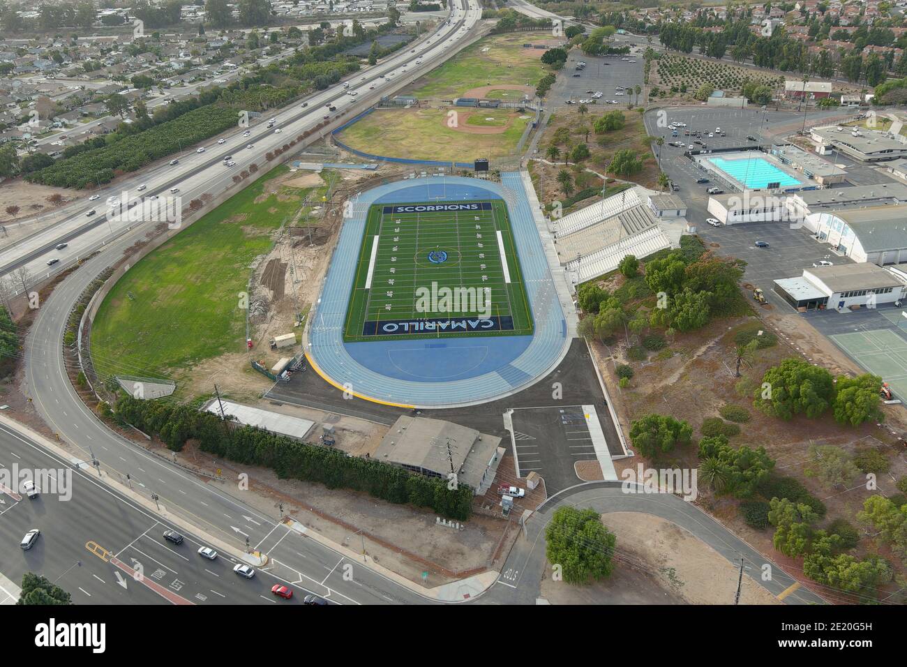 An aerial view of Adolfo Camarillo High School track and football field ...