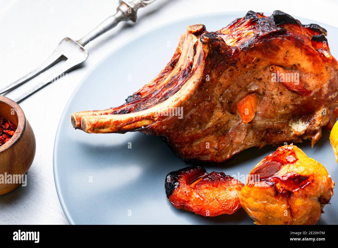 Grilled meat barbecue steak with quince.Delicious fried meat Stock ...