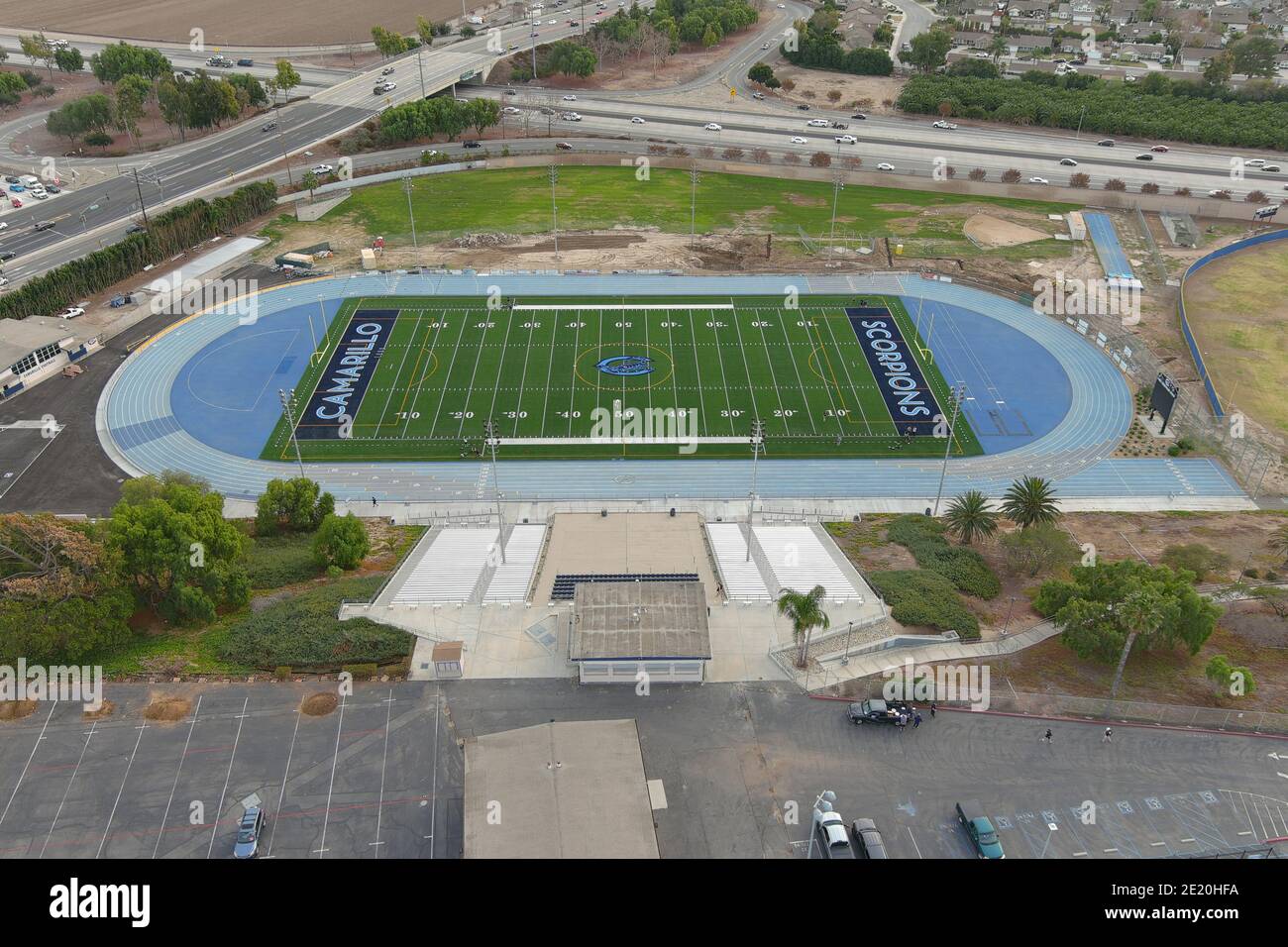 An aerial view of Adolfo Camarillo High School track and football field ...