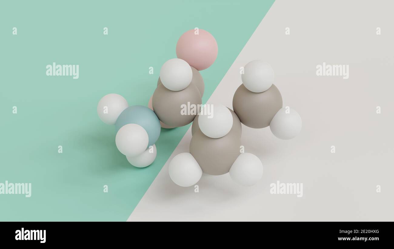 Valine (l-valine, Val, V) amino acid molecule. 3D rendering. Atoms ...