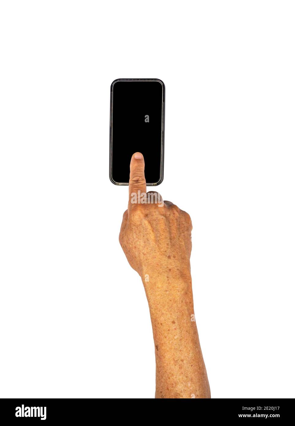 Senior hand clicking on empty black smart phone isolated on white ...