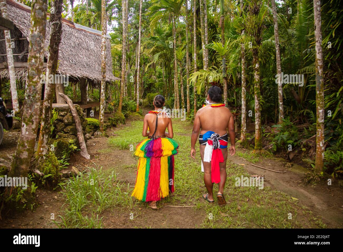This couple (MR) is in a traditional outfit walking down a path through ...