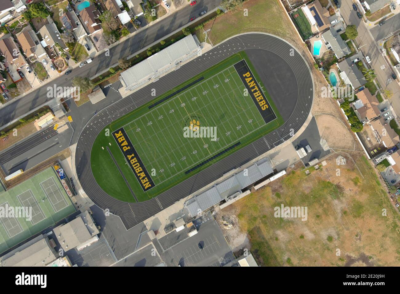 An aerial view of George Hurley football field and track at Newbury ...