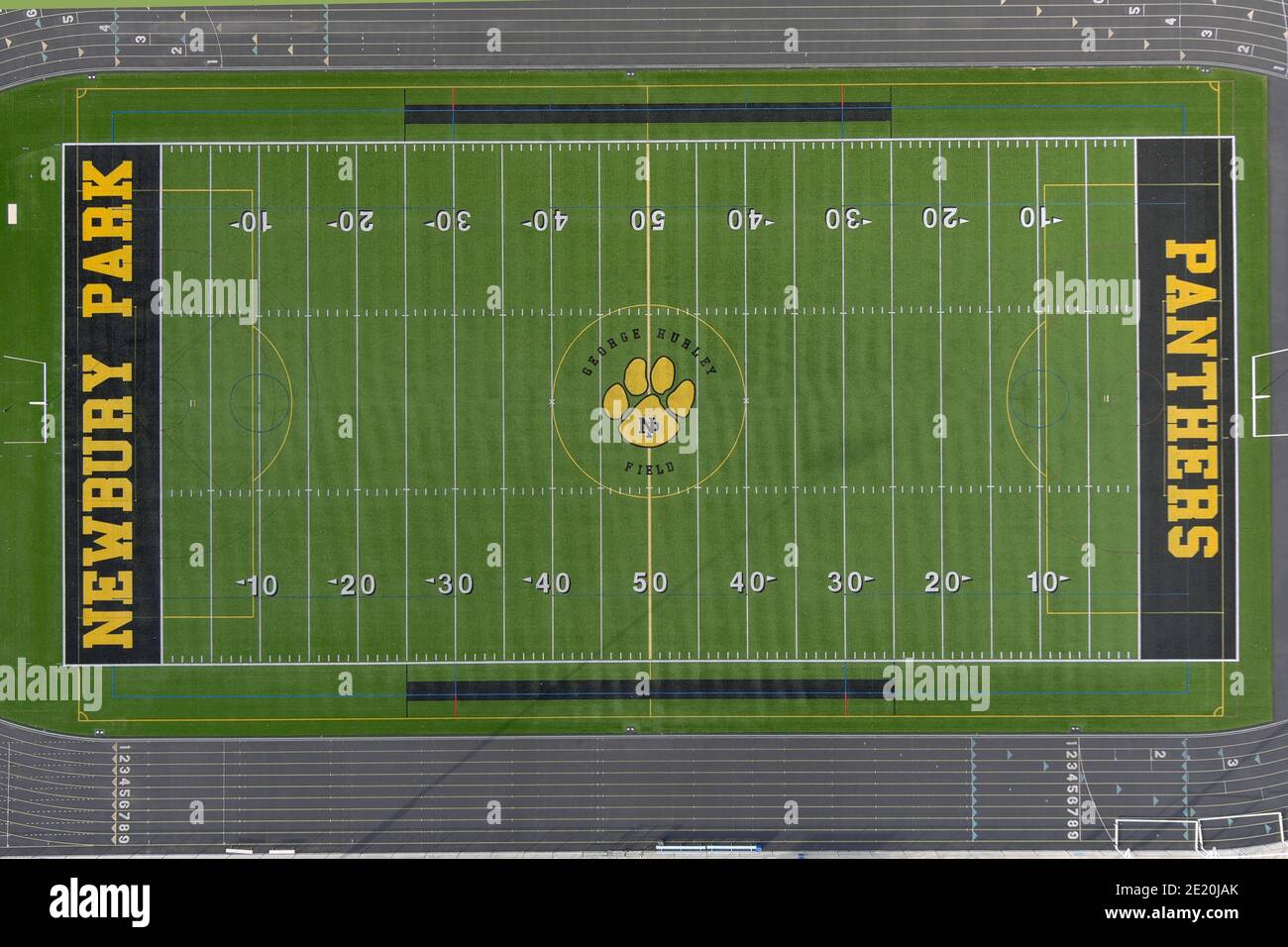 An aerial view of Panther logo at midfield of George Hurley football ...