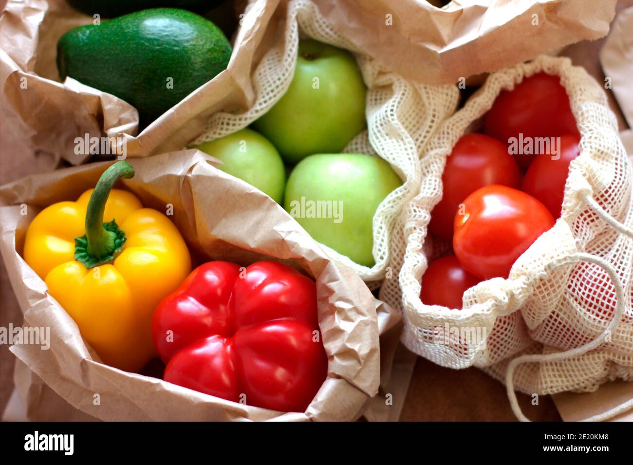 zero waste food shopping. eco natural bags with fruits and vegetables ...