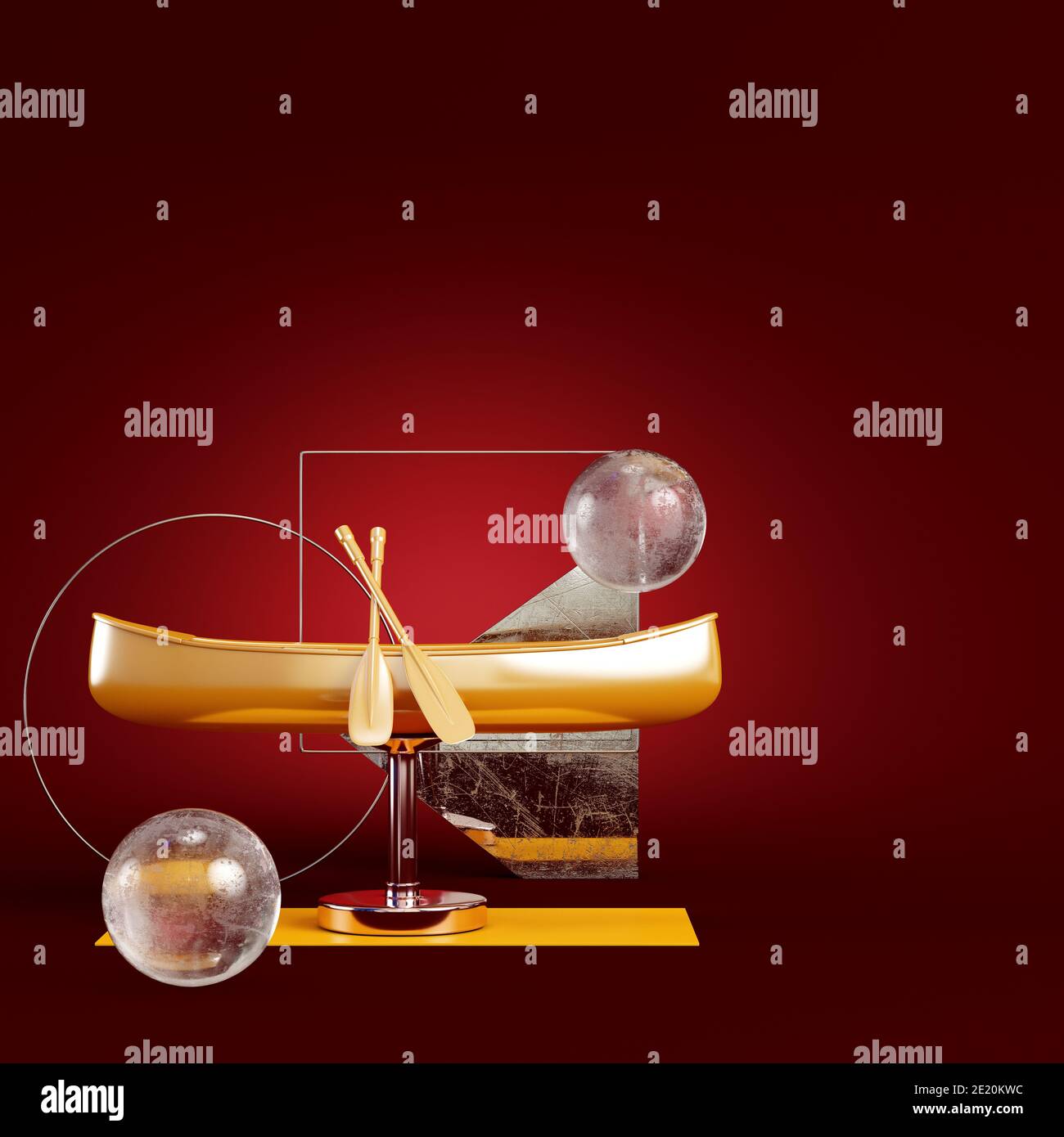 Yellow canoe with geometric frames and spheres on dark red background ...