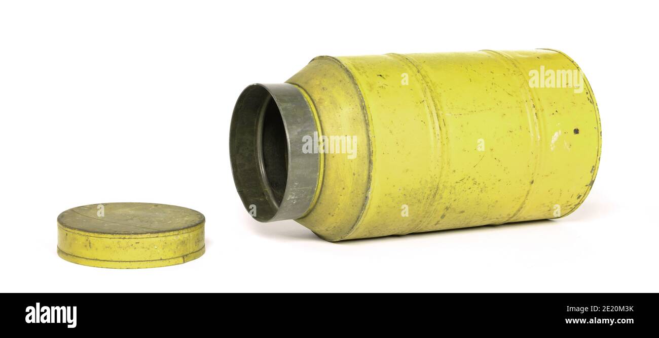 Old nostalgic can isolated on white - Yellow can Stock Photo - Alamy
