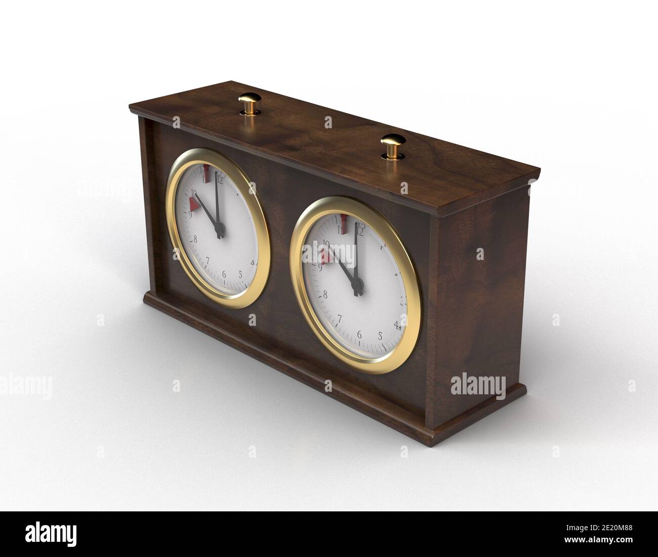 A classic wooden analog chess clock with brass trimmings on an isolated ...