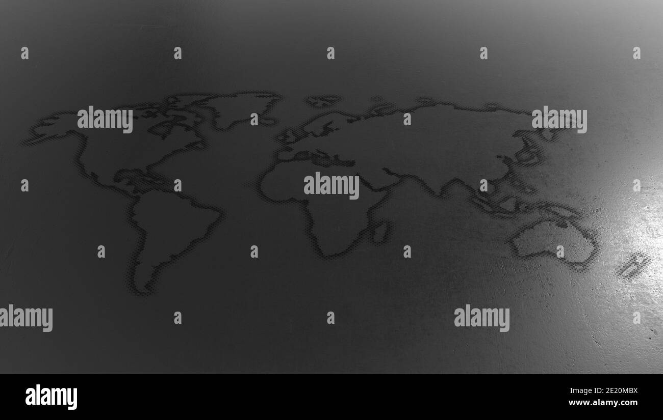 A flat world map with black halftone edges on a dark grey textured ...