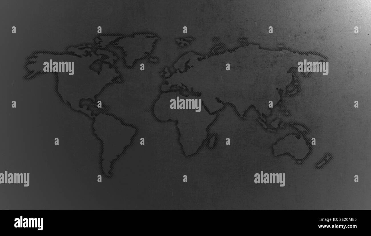 A flat world map with black halftone edges on a dark grey textured ...