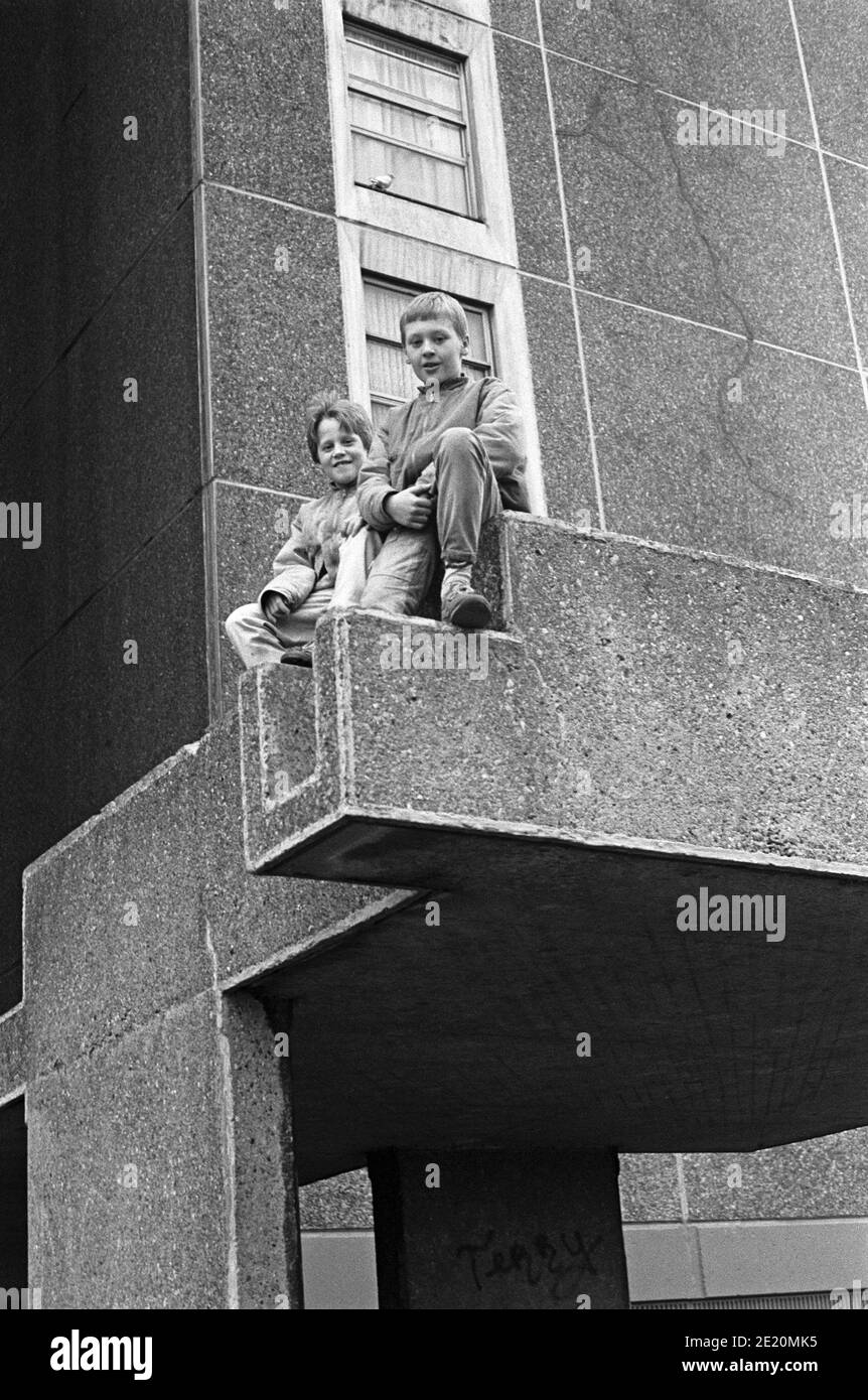 boys on an awning of a tower block, January 1986, Ballymun, Dublin ...