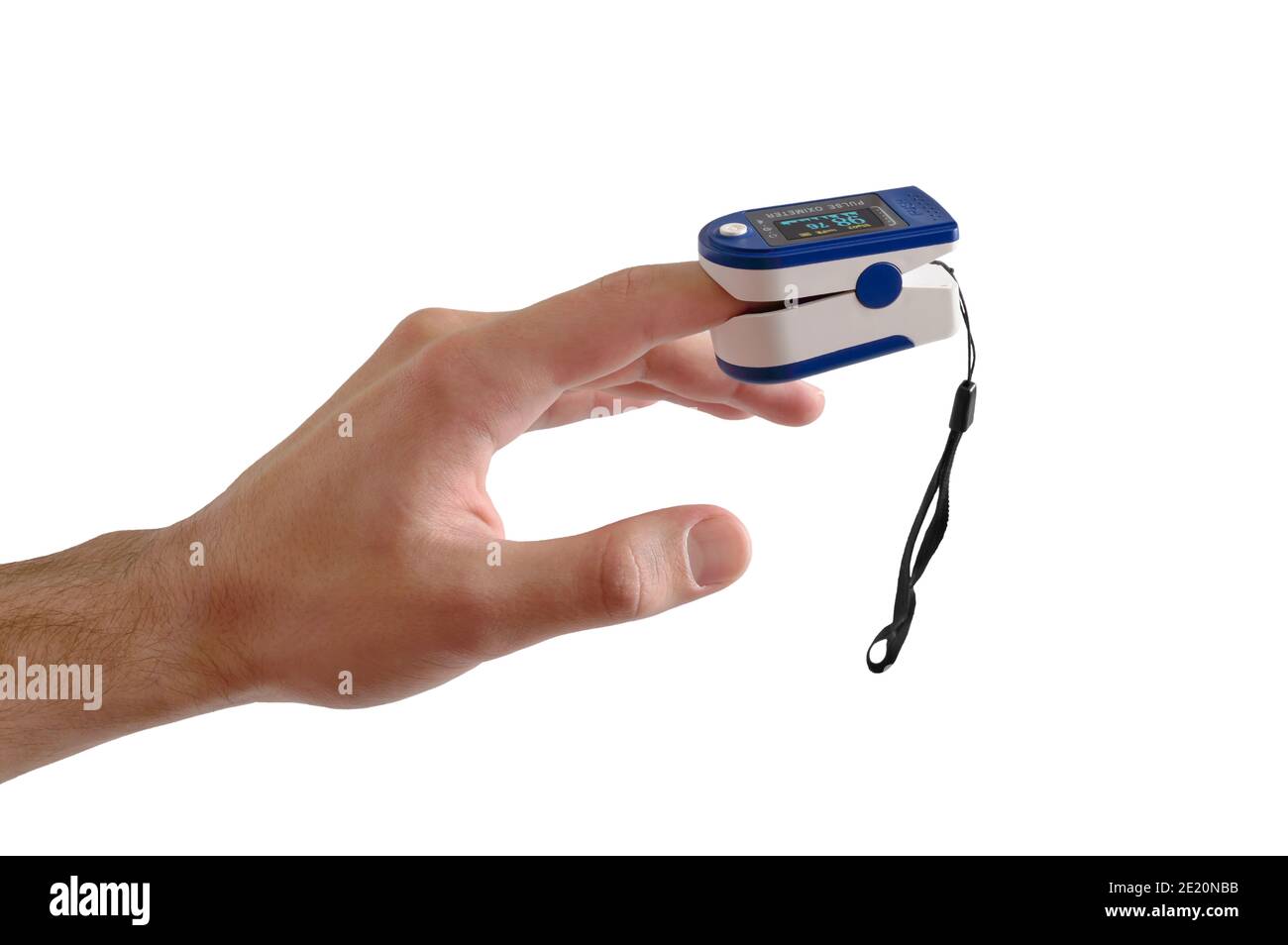 Working Pulse Oximeter positioned on the forefinger. Isolate on a white ...