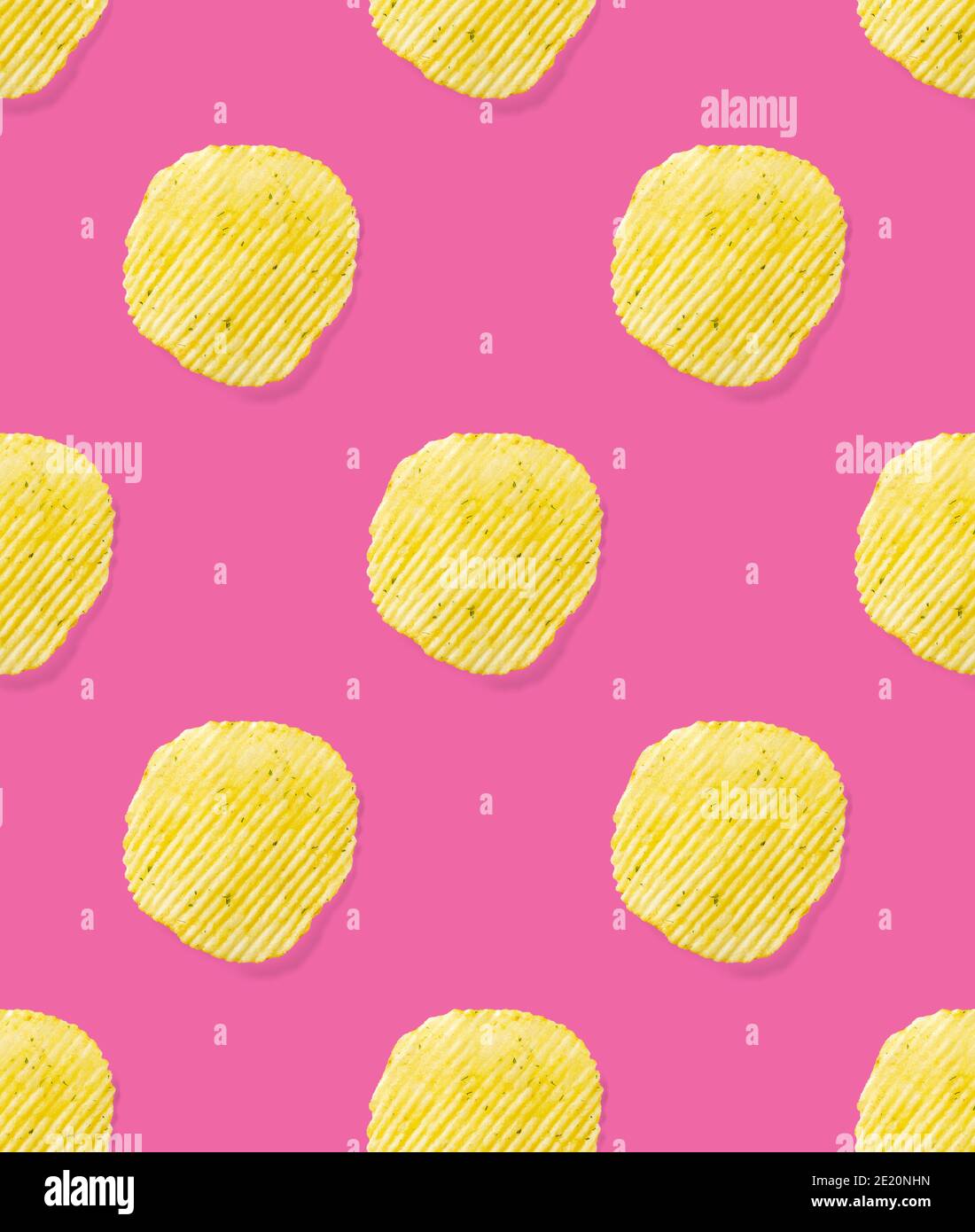 Seamless pattern made from Potato chips on pink background flat lay ...