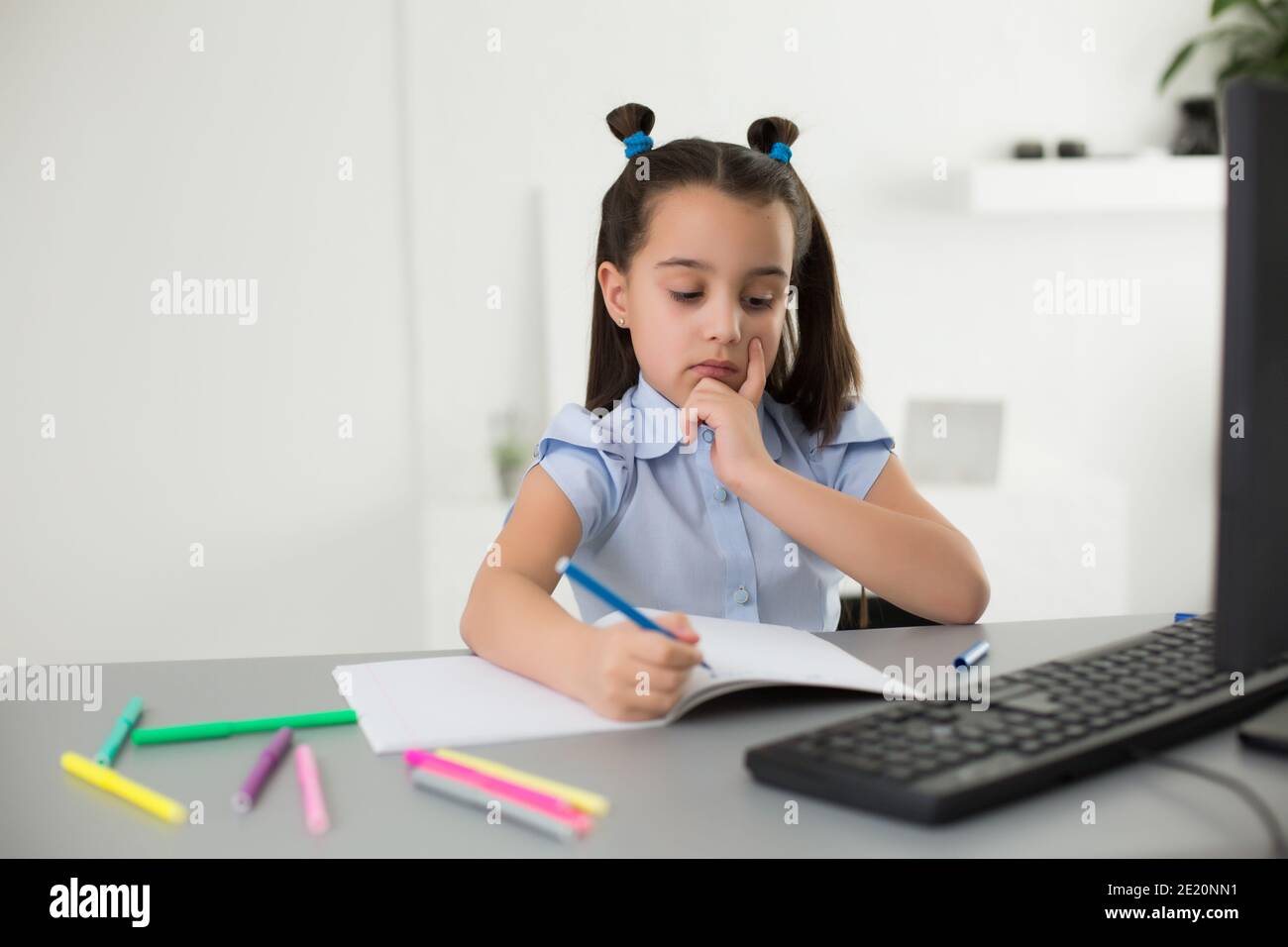 Little Girl Using Computer Concept, distance online learning Stock ...