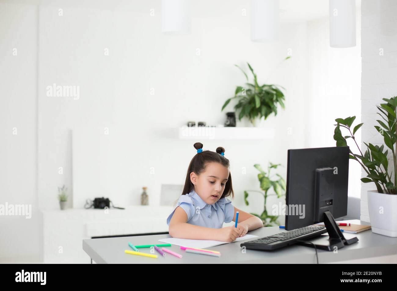 Little Girl Using Computer Concept, distance online learning Stock ...