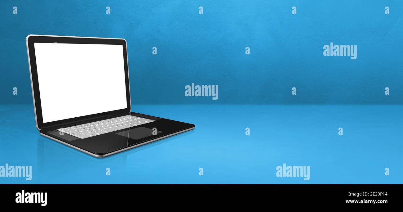 Laptop computer on blue office scene background banner. 3D Illustration ...