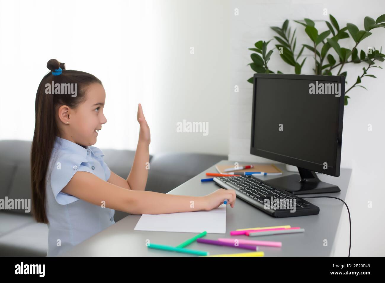 Little Girl Using Computer Concept, distance online learning Stock ...