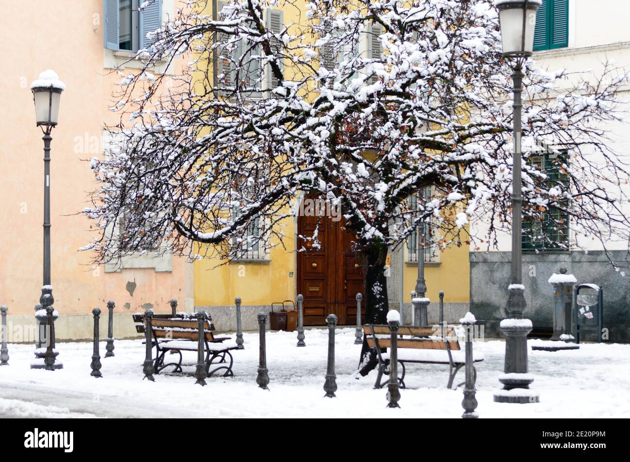 Winter day in Novara, Italy. An unusual snow fall covered the town in ...