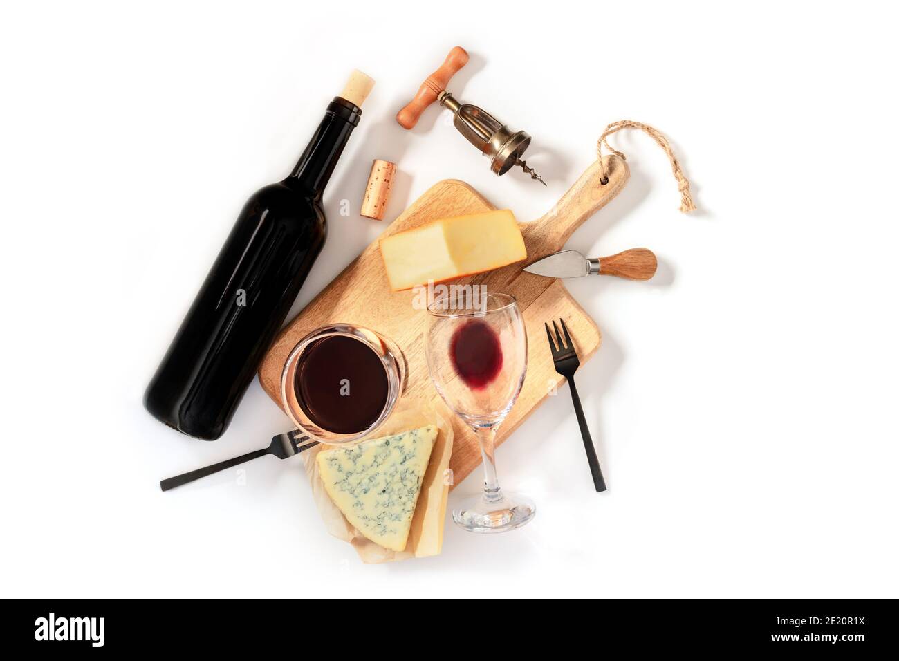 Wine and cheese tasting, overhead flat lay shot on a white background ...