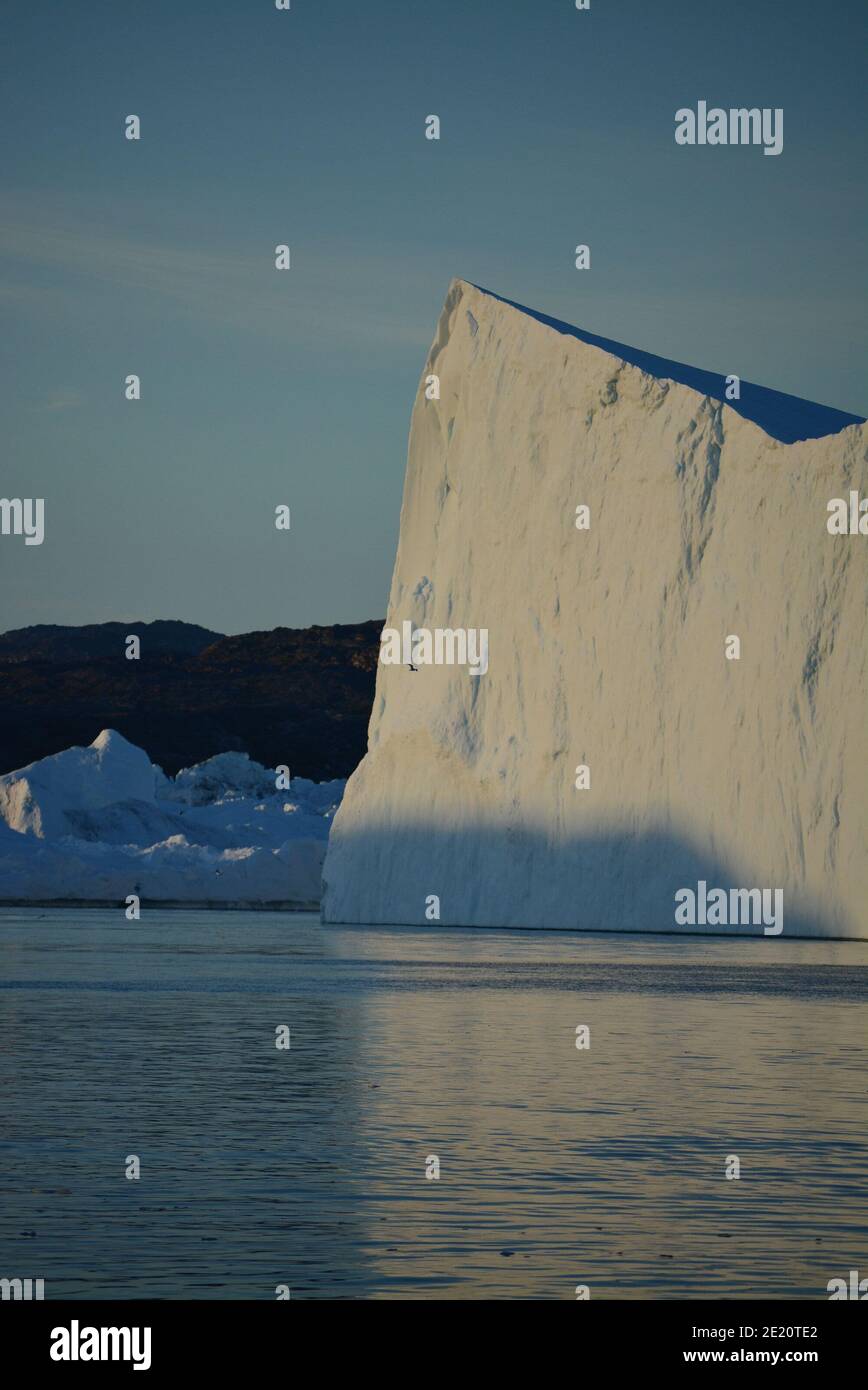 whale watching on a boat trip between huge icebergs in the Disko Bay ...