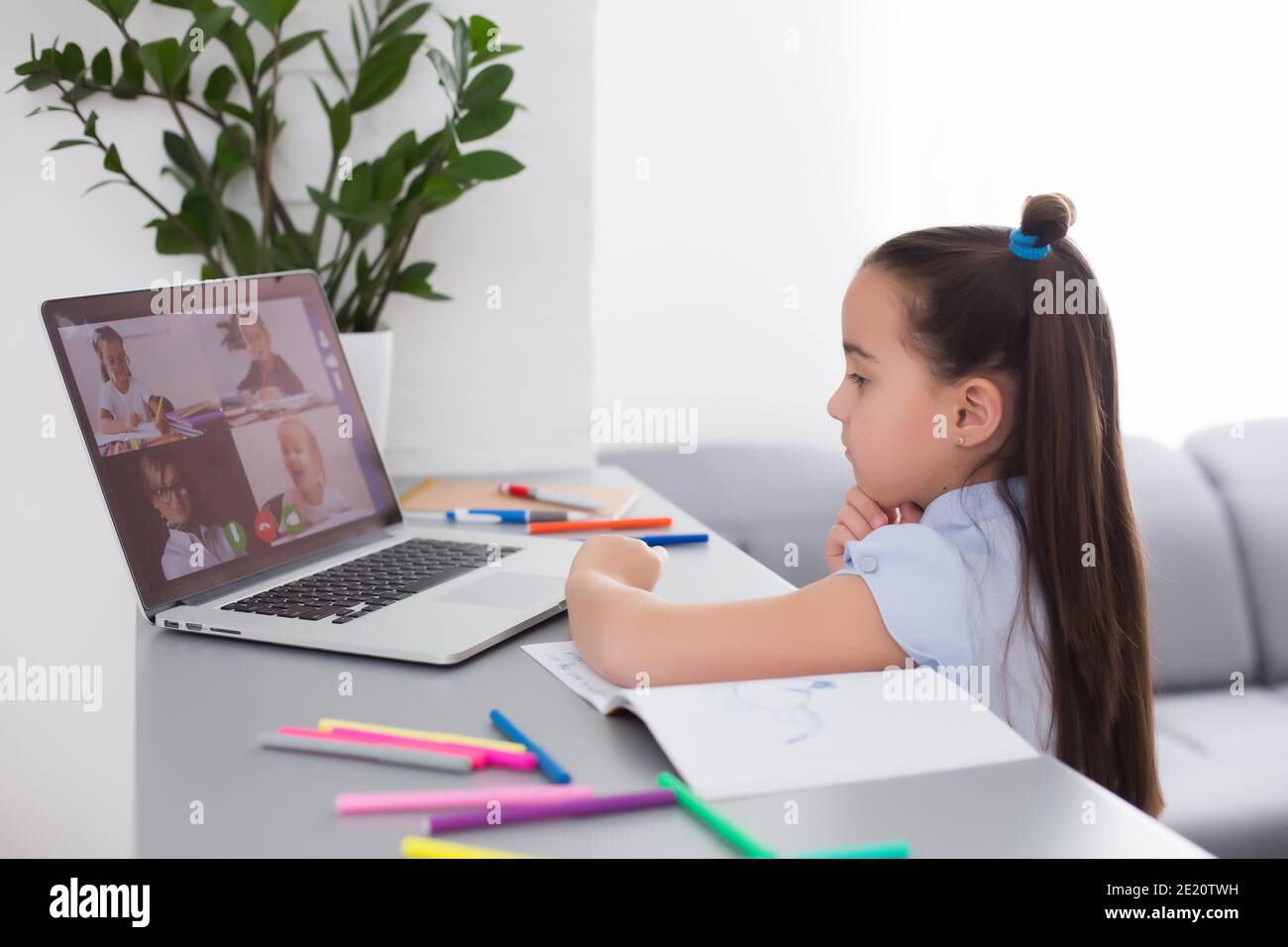 cheerfully cute girl children excited using computer learning ...