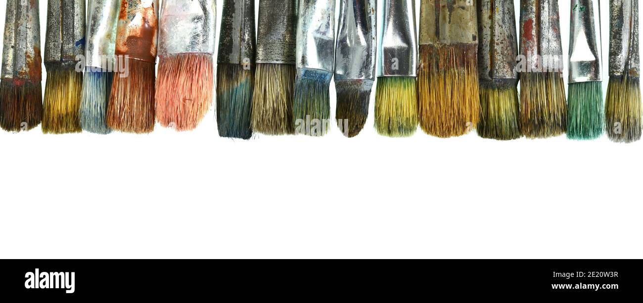 Various dirty paint brushes. Paints and brushes isolated on white ...