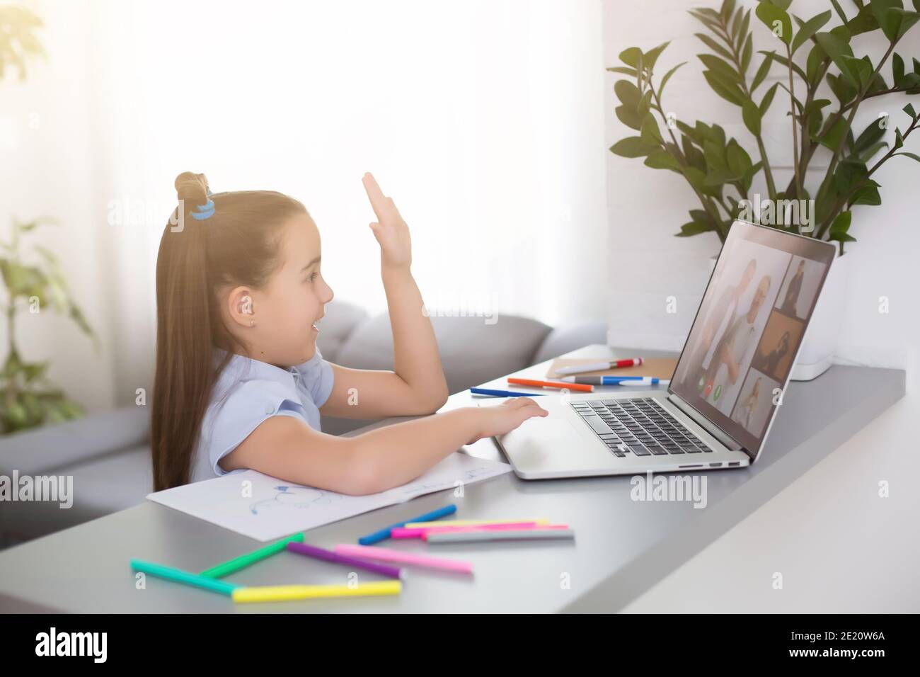 cheerfully cute girl children excited using computer learning ...