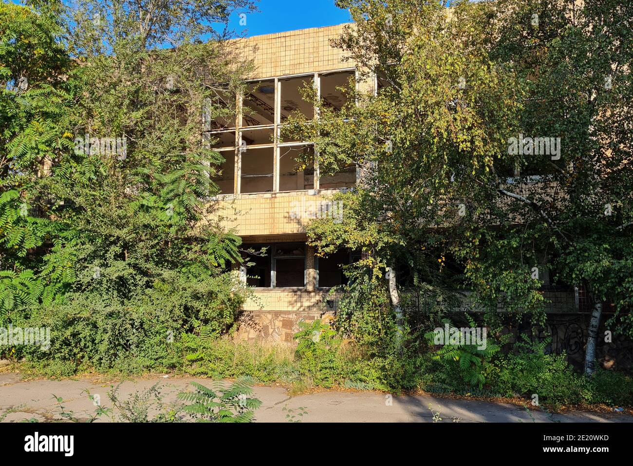 Unfinished abandoned office building overgrown with green trees at ...