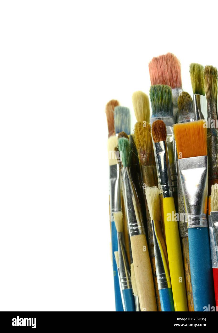 Various dirty paint brushes. Paints and brushes isolated on white ...
