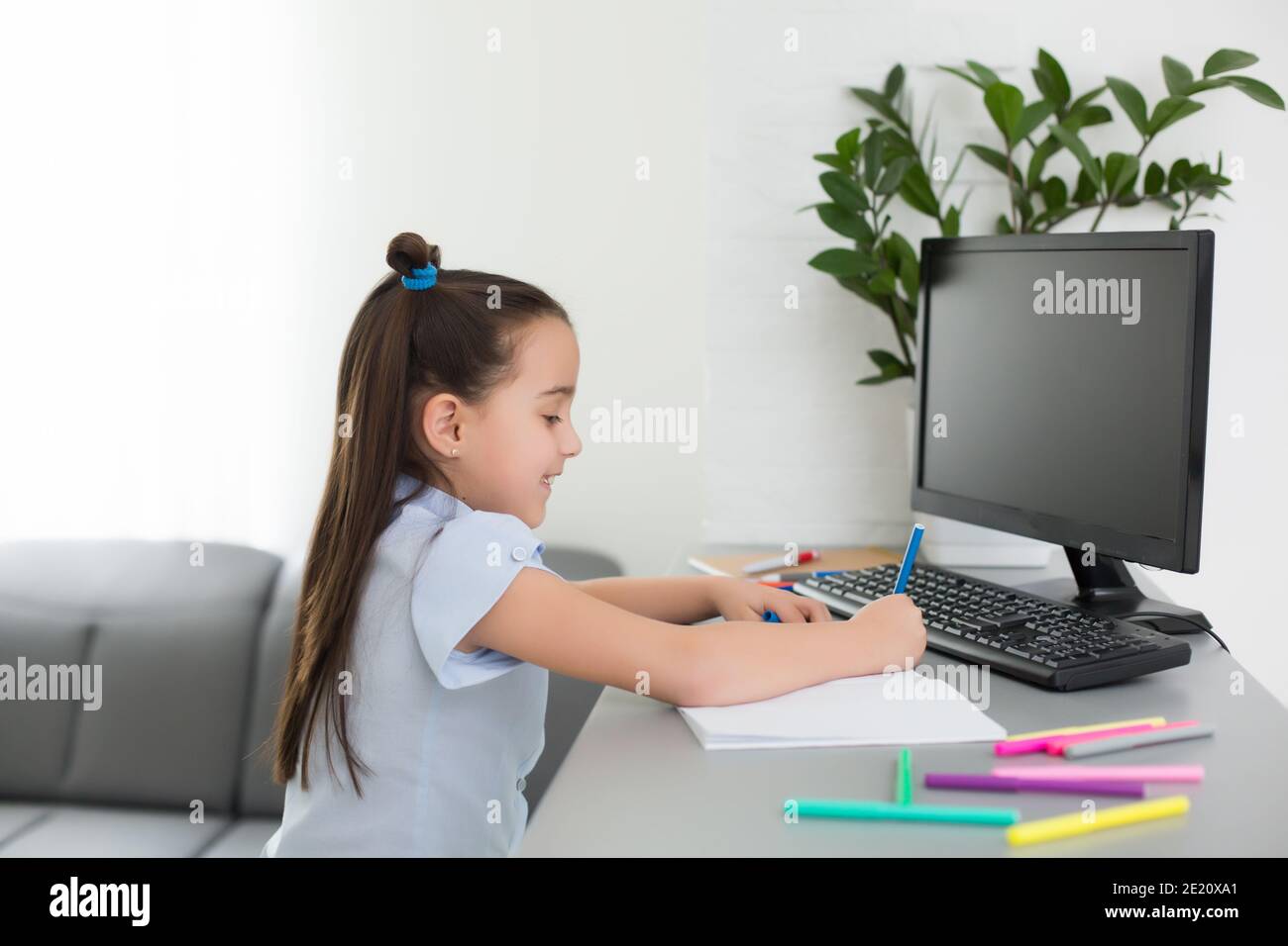 Little Girl Using Computer Concept, distance online learning Stock ...