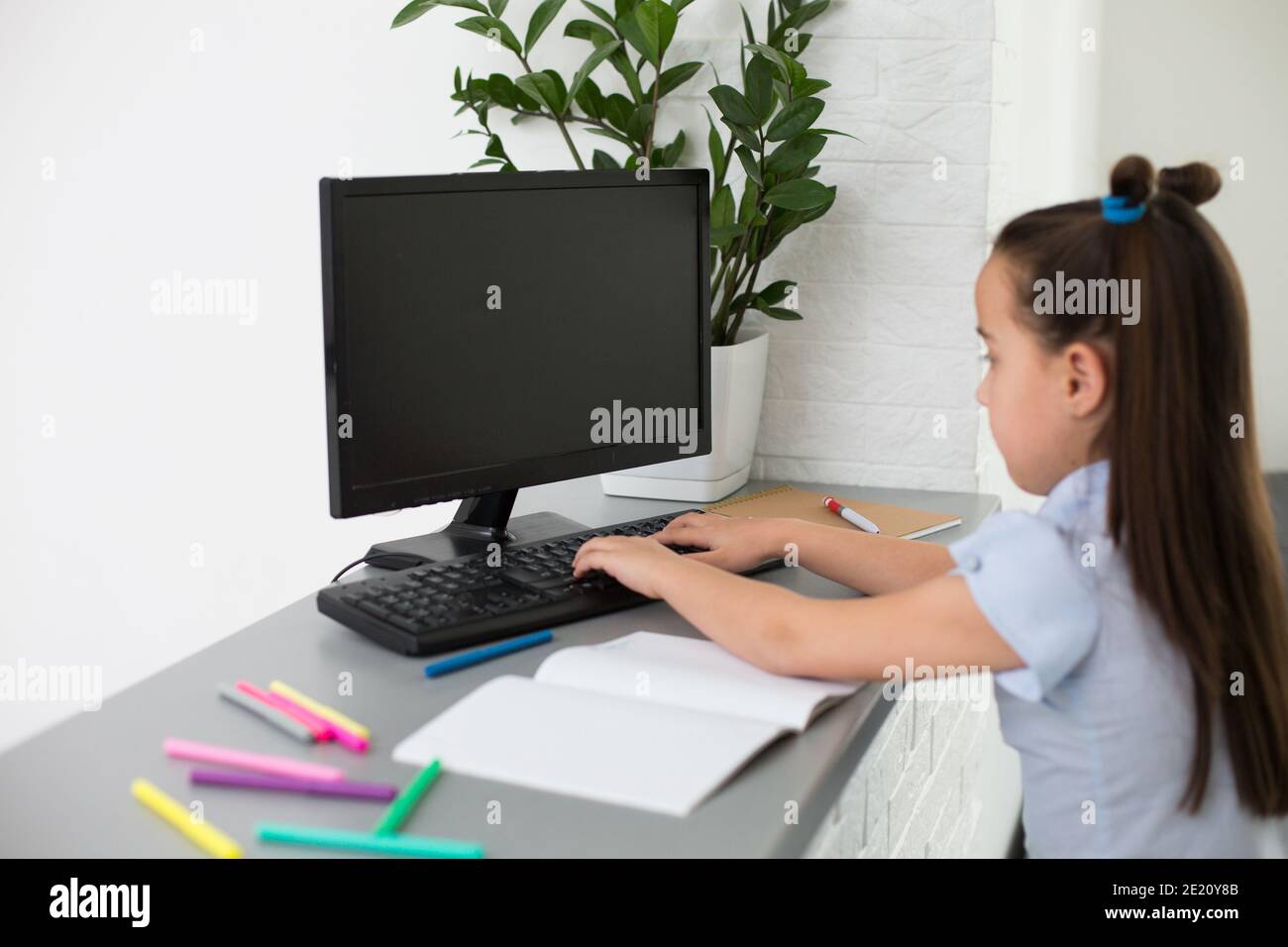 Little Girl Using Computer Concept, distance online learning Stock ...