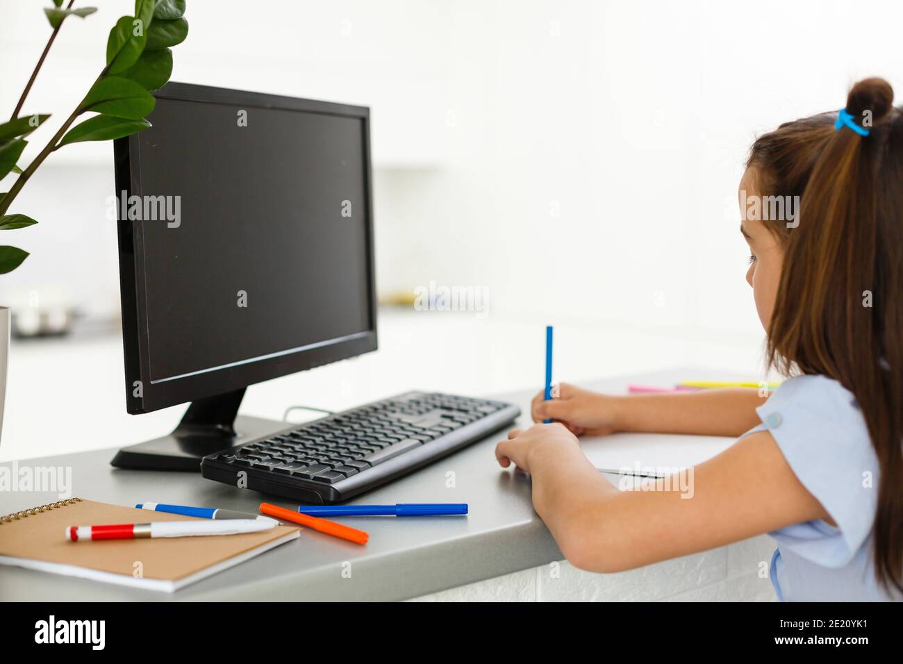 Little Girl Using Computer Concept, distance online learning Stock ...