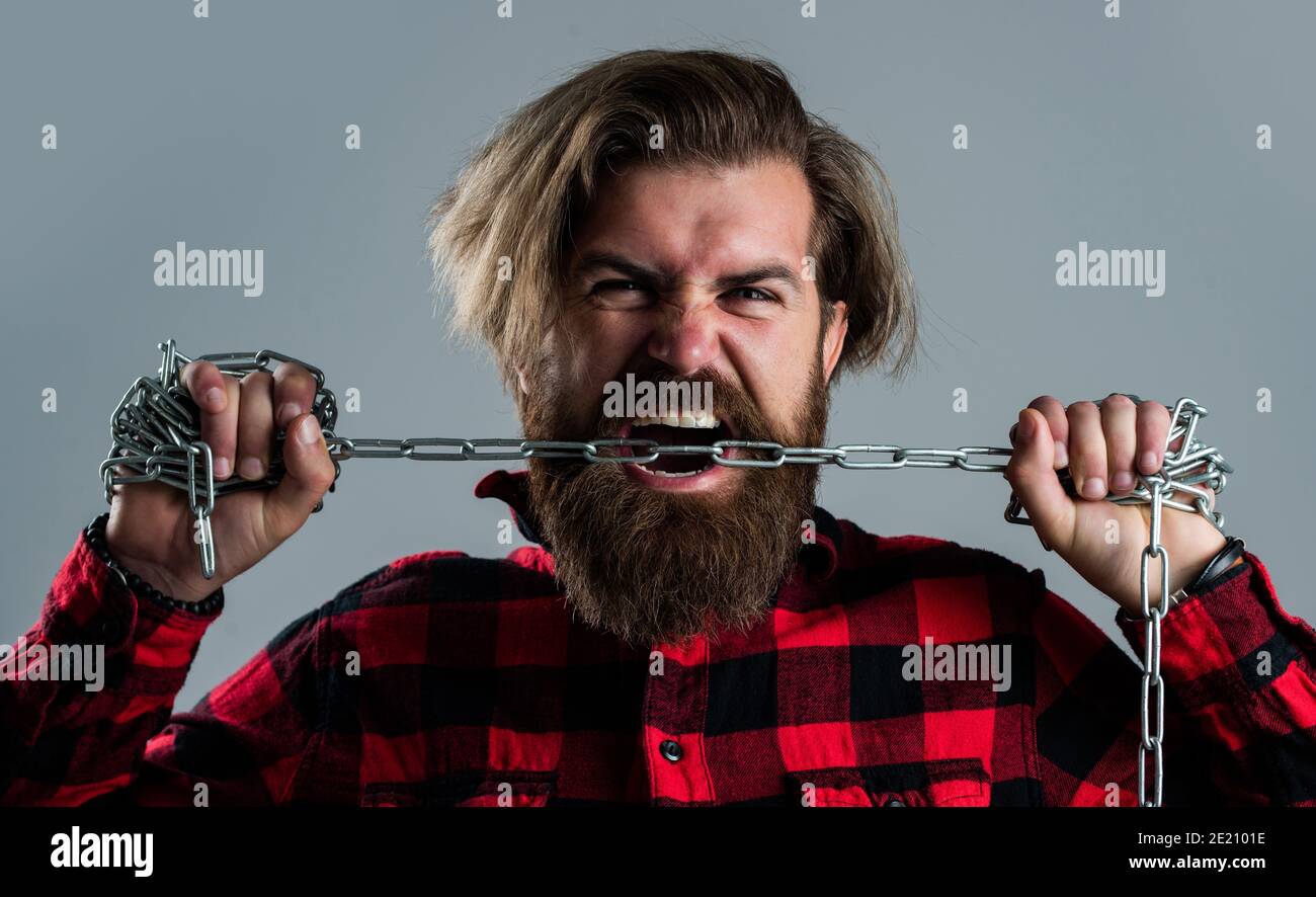 strong teeth. casual and denim trends. handsome man demonstrate power ...