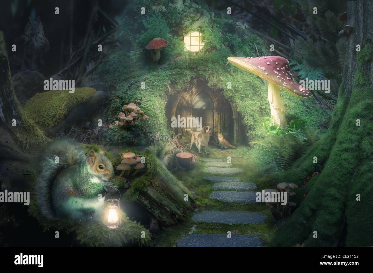 Fairytale house in a dark forest Stock Photo - Alamy