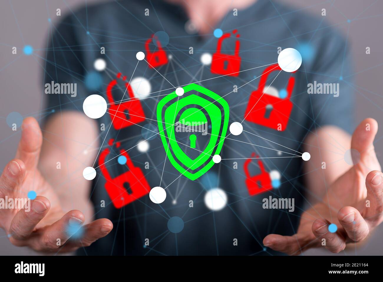 Cyber security concept between hands of a man in background Stock Photo ...
