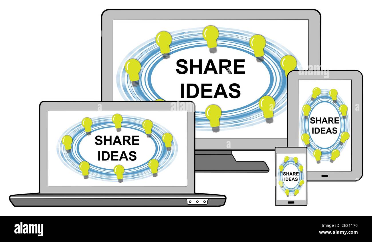 Share ideas concept on different devices, isolated on white Stock Photo ...