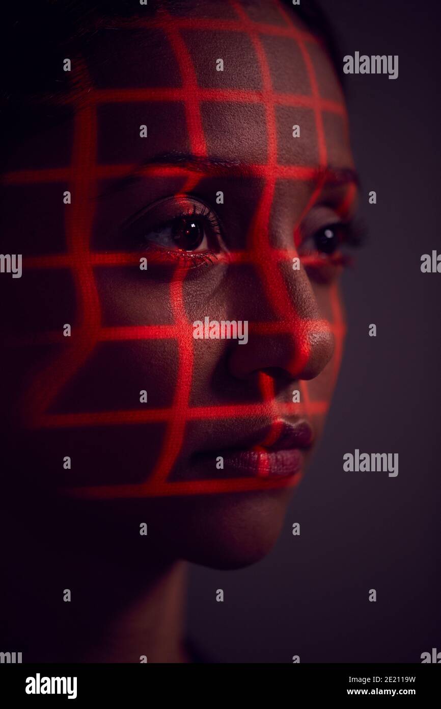 Facial Recognition Technology Concept As Woman Has Red Grid Projected ...