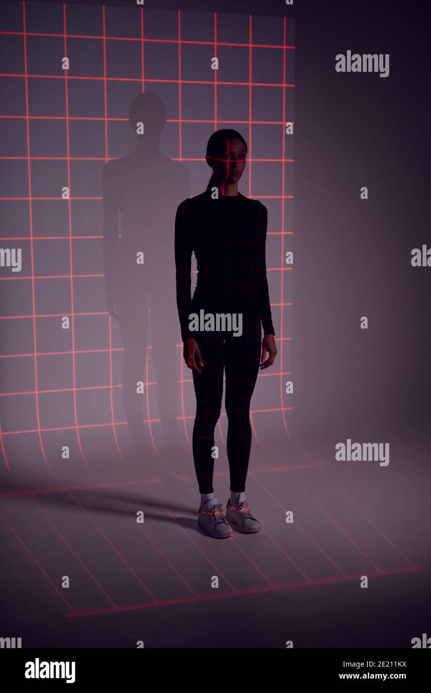 Facial Recognition Technology Concept As Woman Has Red Grid Projected ...