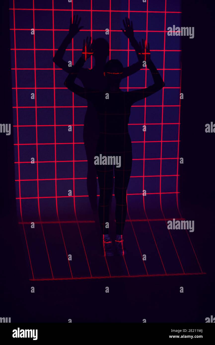 Facial Recognition Technology Concept As Woman Has Red Grid Projected ...