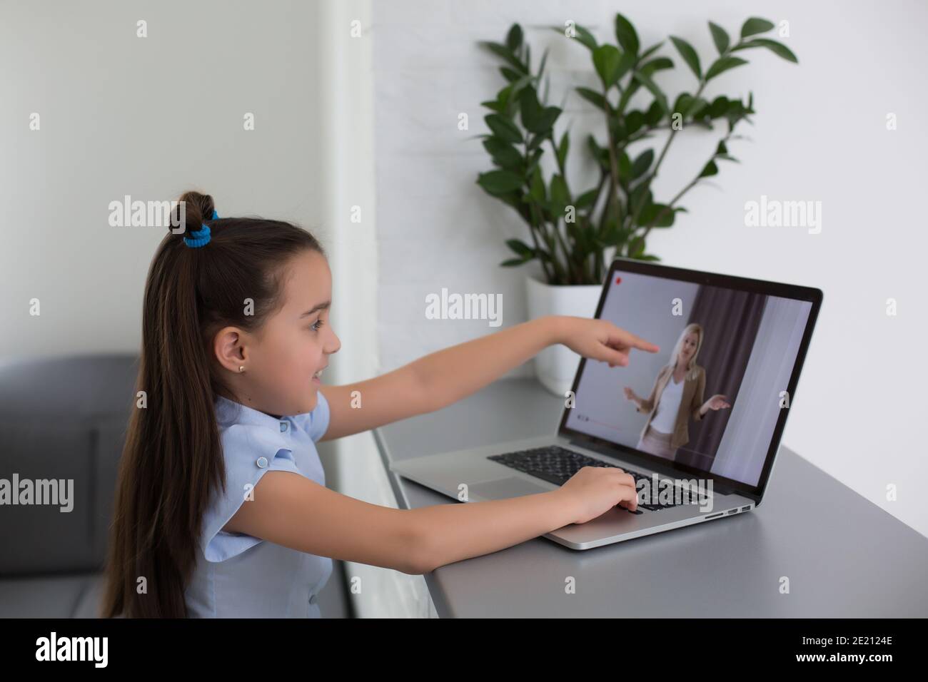 cheerfully cute girl children excited using computer learning ...