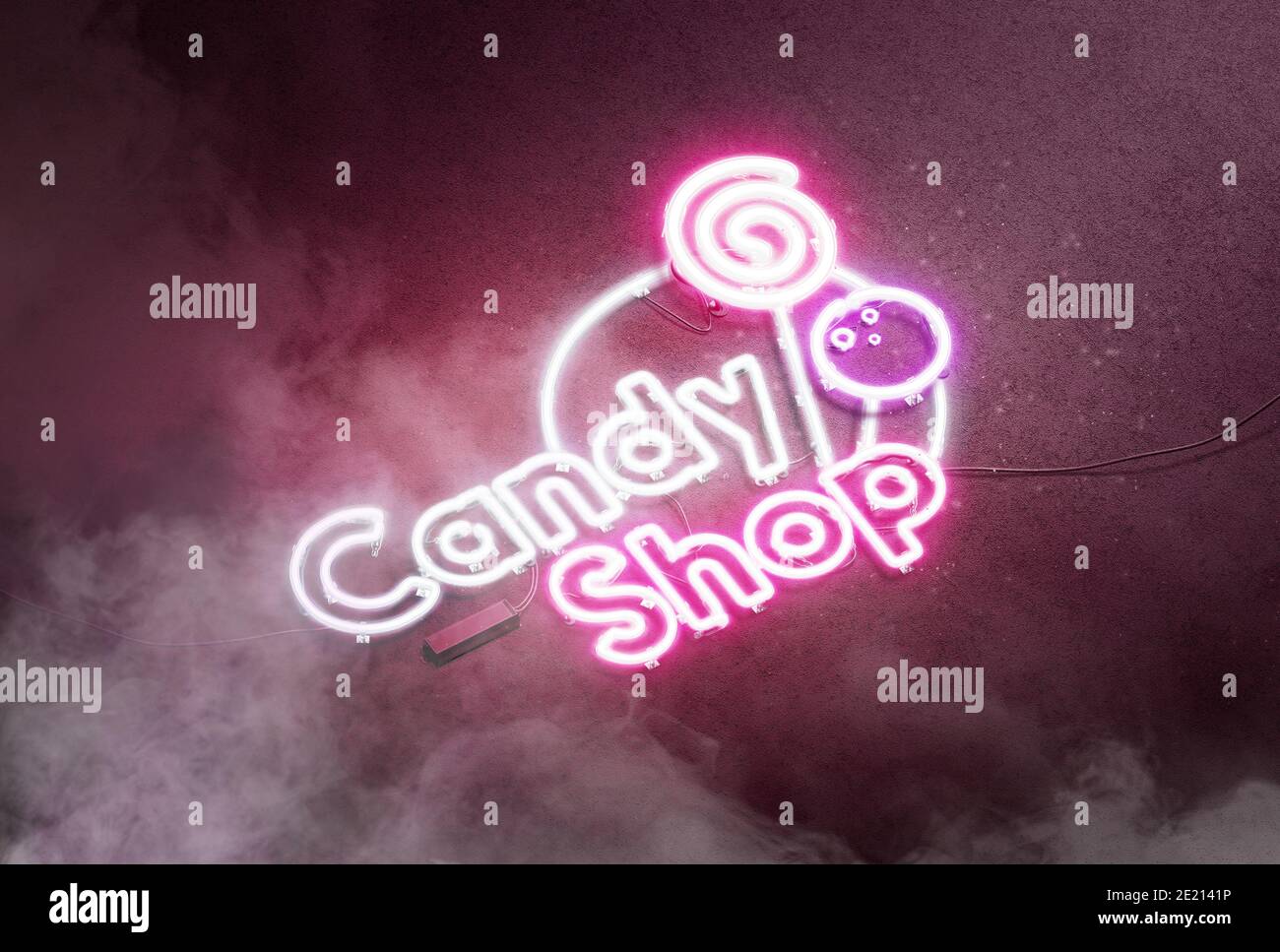 Neon candy shop sign dark concrete wall, glow font mockup, 3d rendering ...