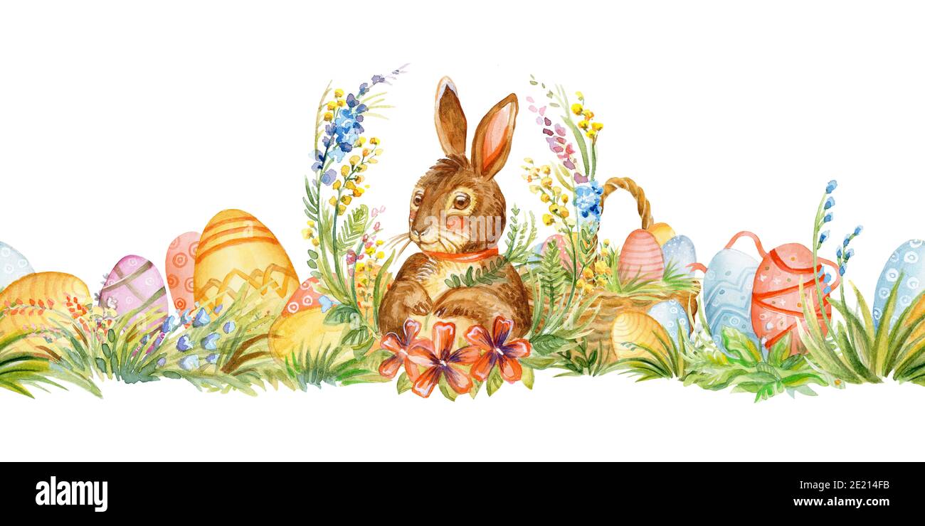 Seamless border with spring easter concept. Watercolor border with cute ...