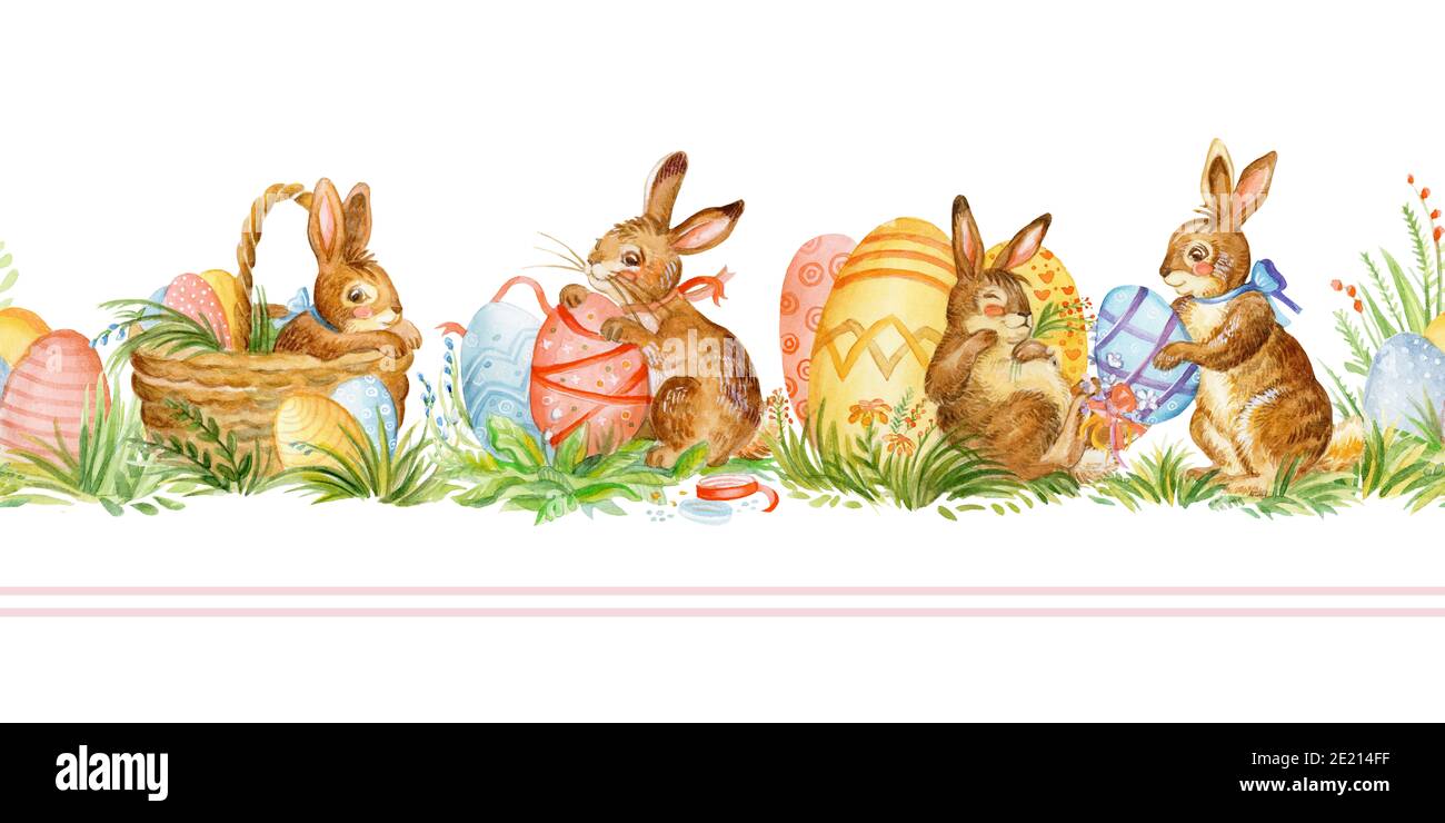 Seamless border with spring easter concept. Watercolor border with cute ...