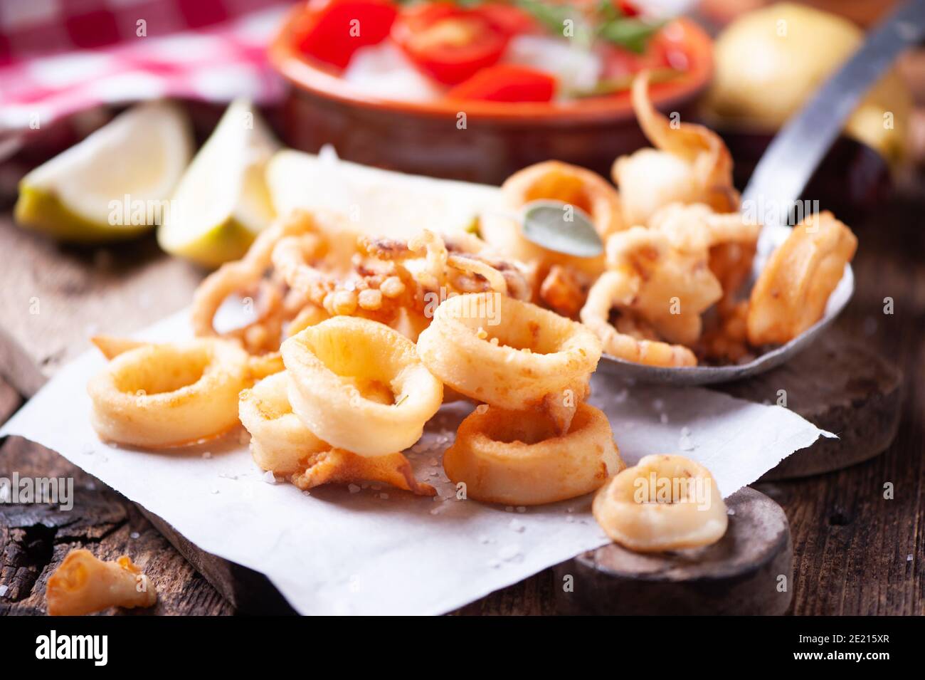 Traditional Italian fried calamari and lemon slice close up Stock Photo ...
